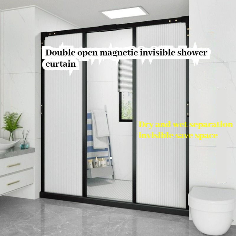 Bathroom Magnetic Invisible Shower Curtain Non-Punching Folding Dry Wet ...