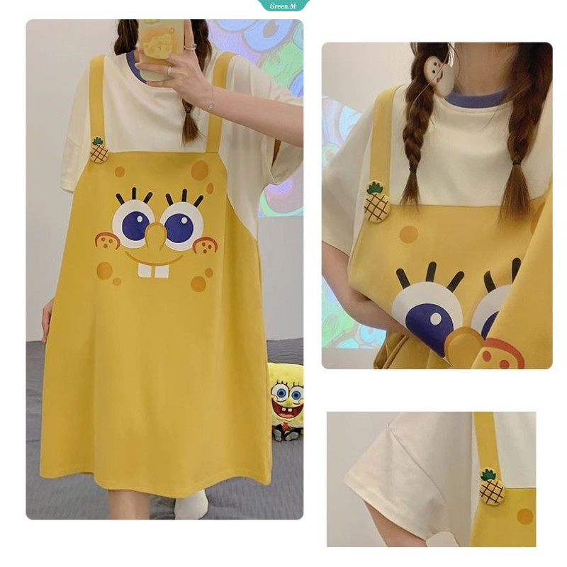 Spongebob Cartoon Style Fun Cute Yellow Loose Large Size Summer Women's ...