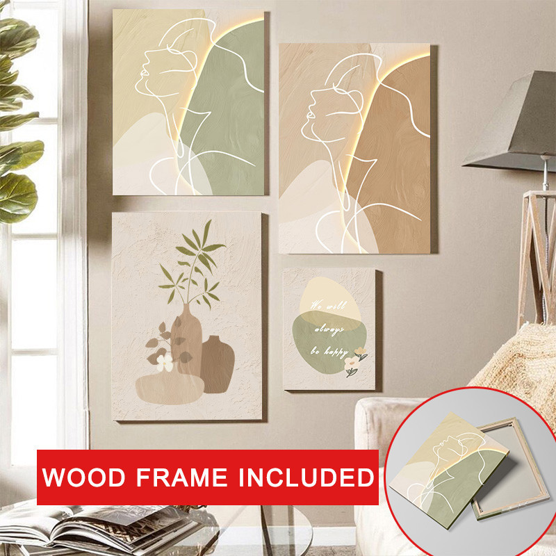 (With Frame）Canvas Frame Print Bohemian Canvas Drawing Abstract Lines Human Face Poster Beige ...