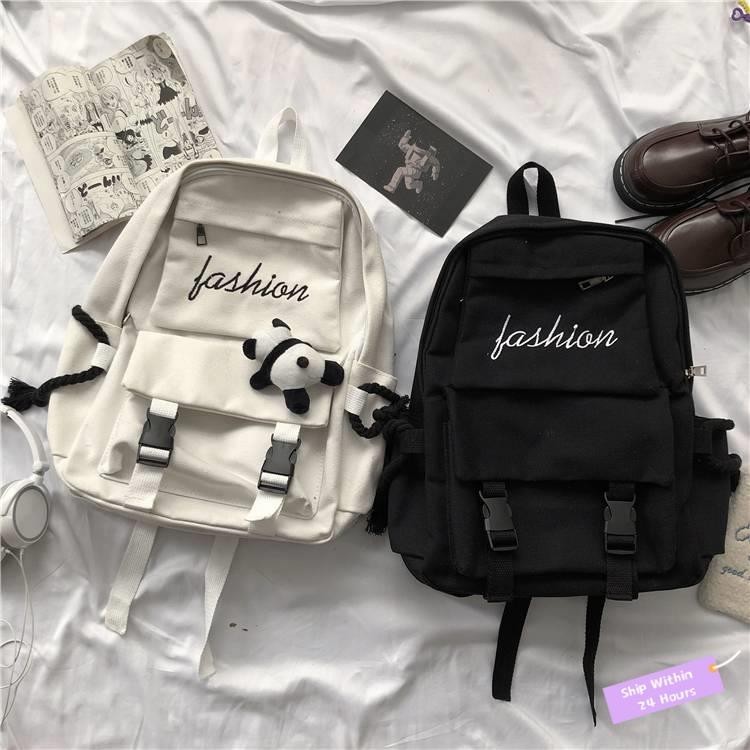 Korean Canvas Backpacks for women unisex ins dark style retro school ...