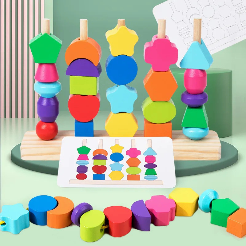 Montessori Wooden Beads Sequencing Toy Set, Five Columns Stacking ...