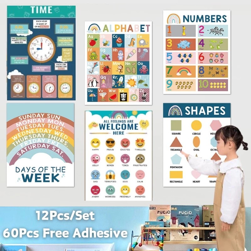 12PCS Educational Chart For Kids ABC English Alphabet Number Posters ...