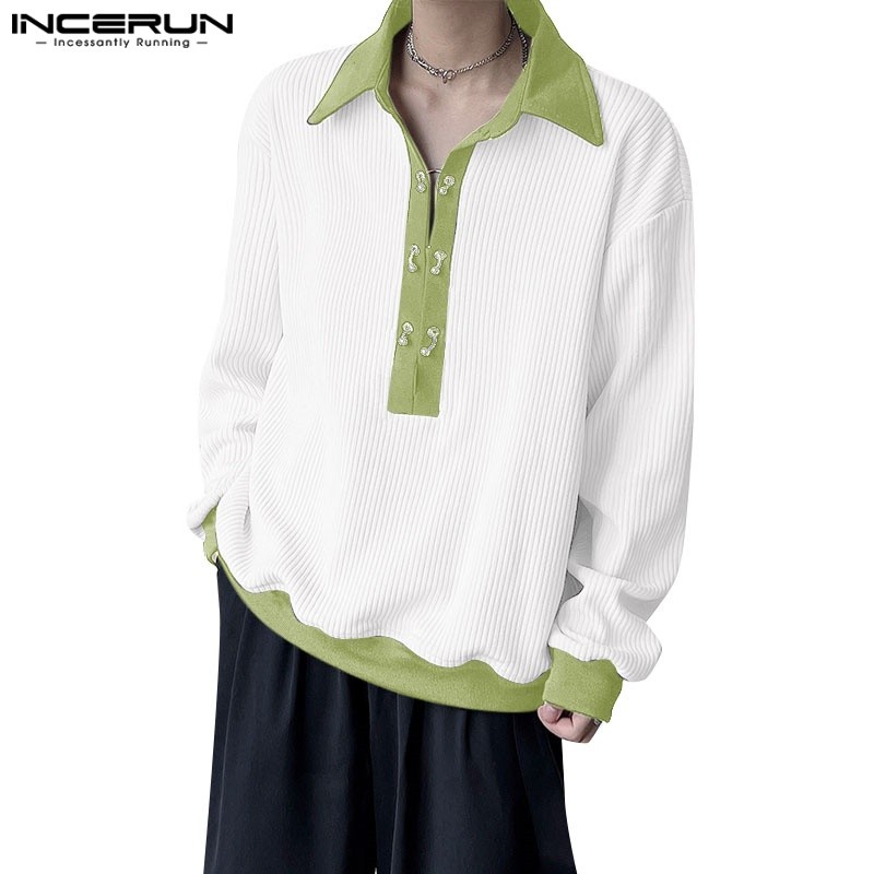 INCERUN Men Korean Casual Patchwork Turn Down Collar Long Sleeve POLO ...
