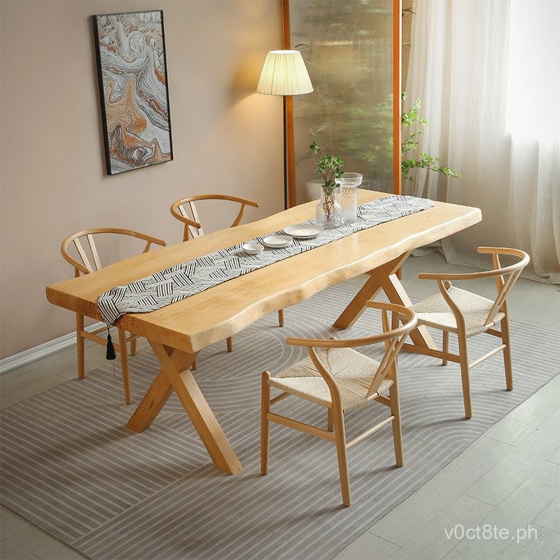 Solid Wood Dining Table and Chair Set Natural Edge Rectangular Home ...