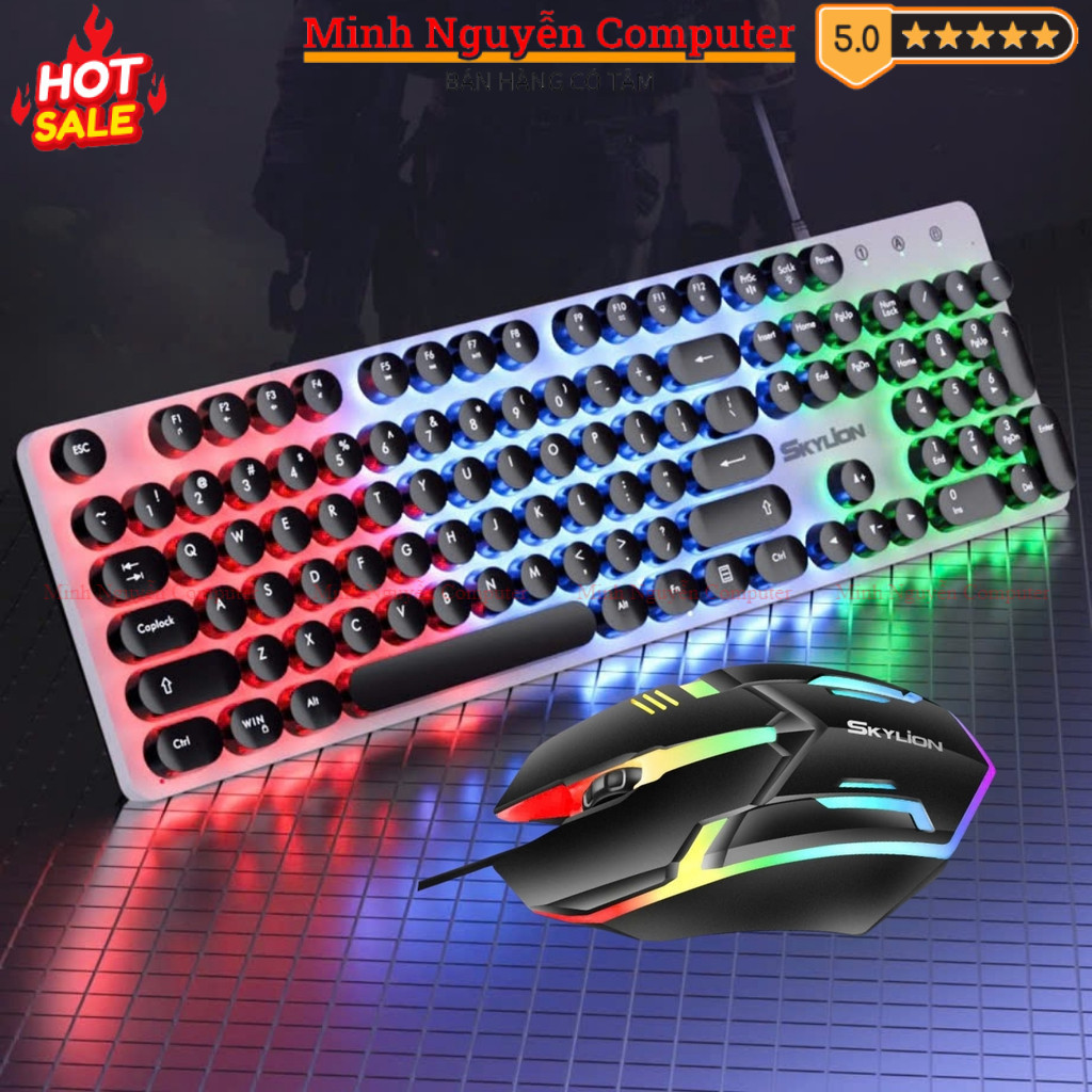 Skylion Gaming Mechanical Keyboard Mouse Combo – Retro Round Keys, RGB LED, Auto Color Changing ...