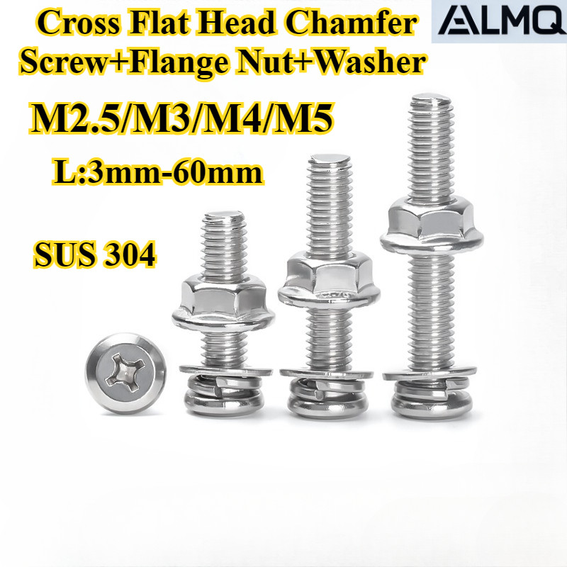 [LMQ-SZDBLS] SUS304 Cross Flat Head Chamfer Screw+Flange Nut+Washer ...