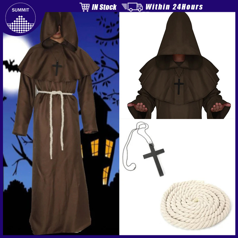 Wizard Medieval Monk Costume Friar Priest Robe Christian Hooded Cape ...