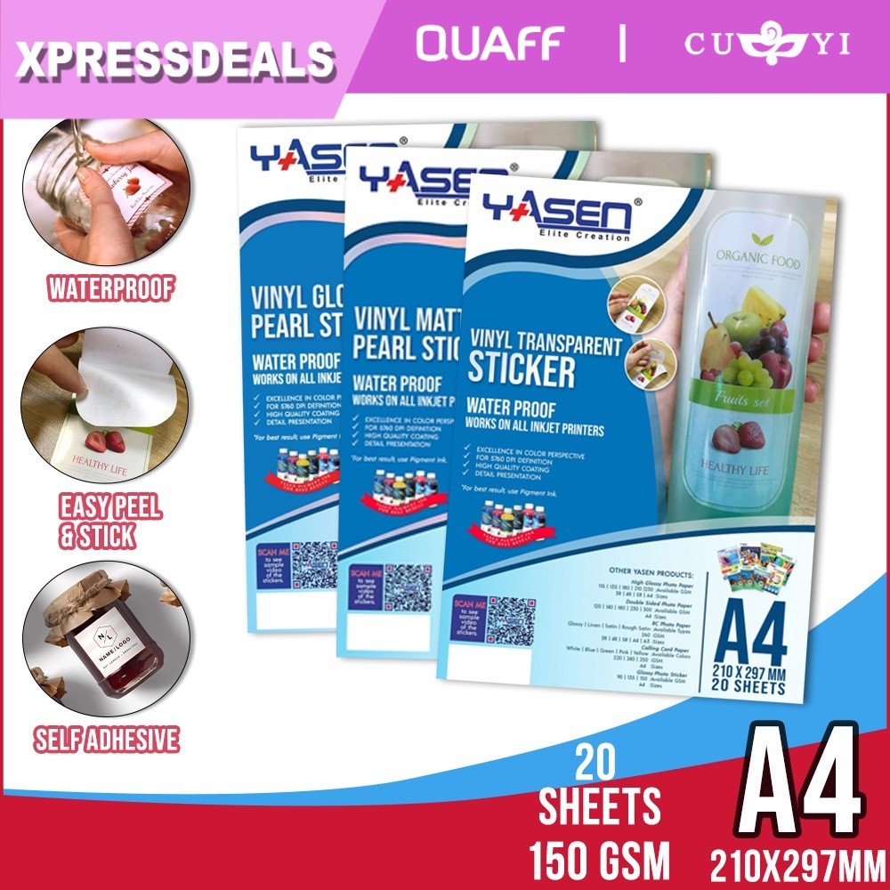 Yasen Vinyl Sticker Waterproof A4 Glossy | Matte | Transparent (20 ...