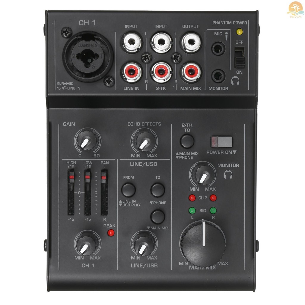 5-Channel Compact Audio Mixer Sound Mixing Console USB Audio Interface ...