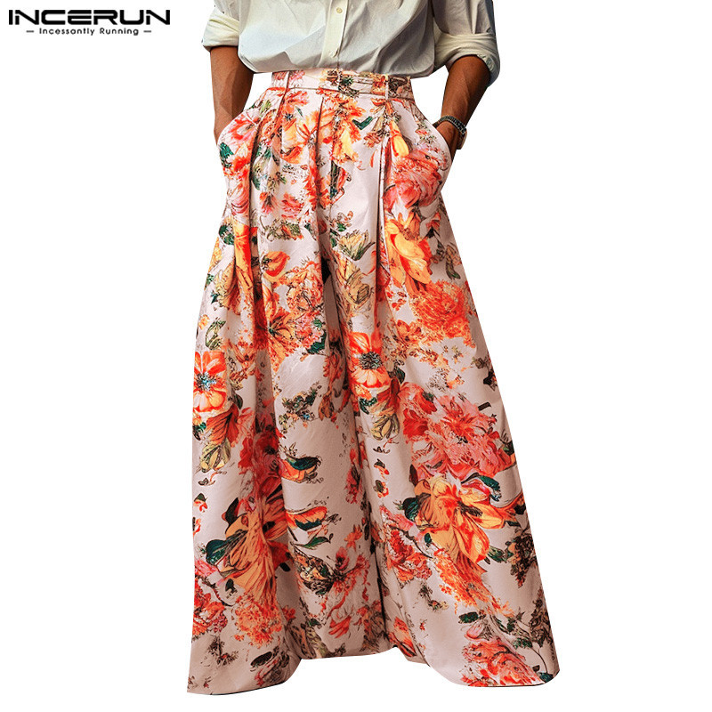 INCERUN Men Vintage Fashion High Waist Floral Print Wide Leg Trousers ...