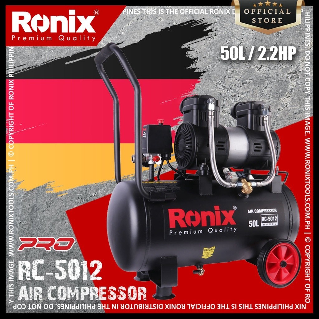 Ronix RC-5012 Silent Air Compressor 50L 1680W (2.2 HP) 8 bar 2800RPM [OIL-FREE] 140L/Min 220 ...