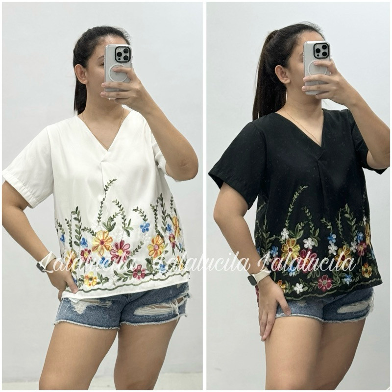 PLUS Reign (L-3XL) Embroidered Senepa V-Neck Top | Shopee Philippines
