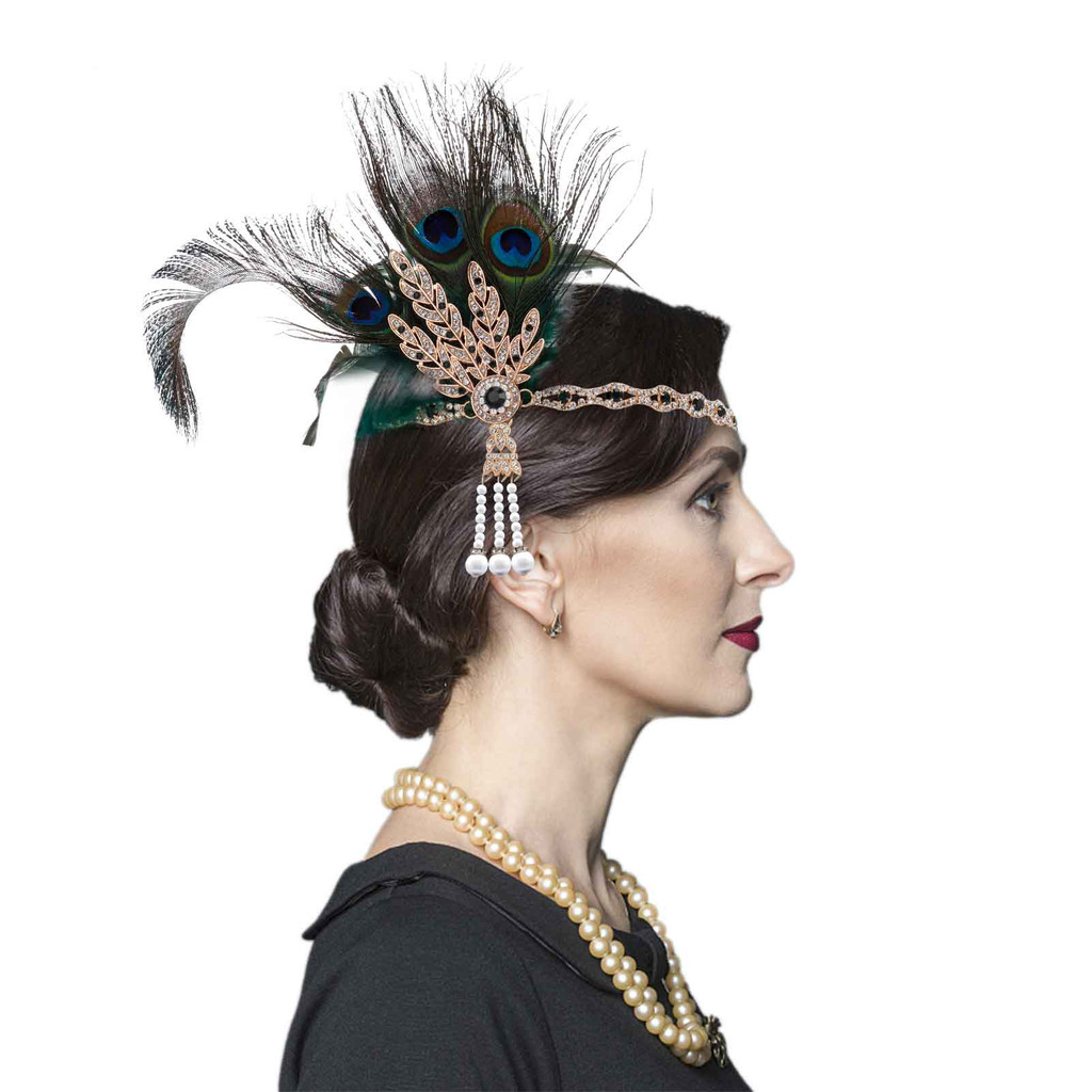 1PC 1920s Flapper Peacock Feather Headband Roaring 20s Pearl Showgirl ...