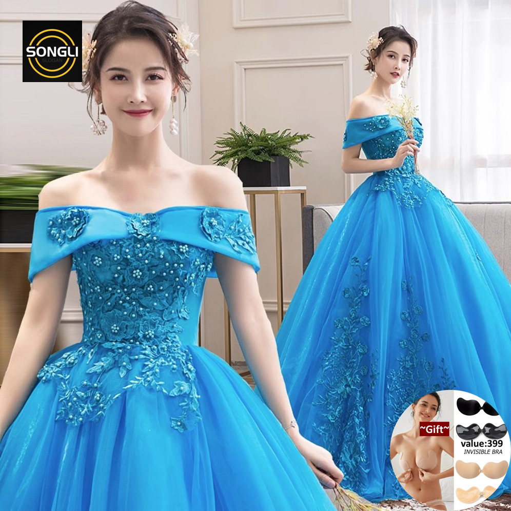 Lake Blue Performance Gown Off Shoulder Long Debut Dress | Shopee ...