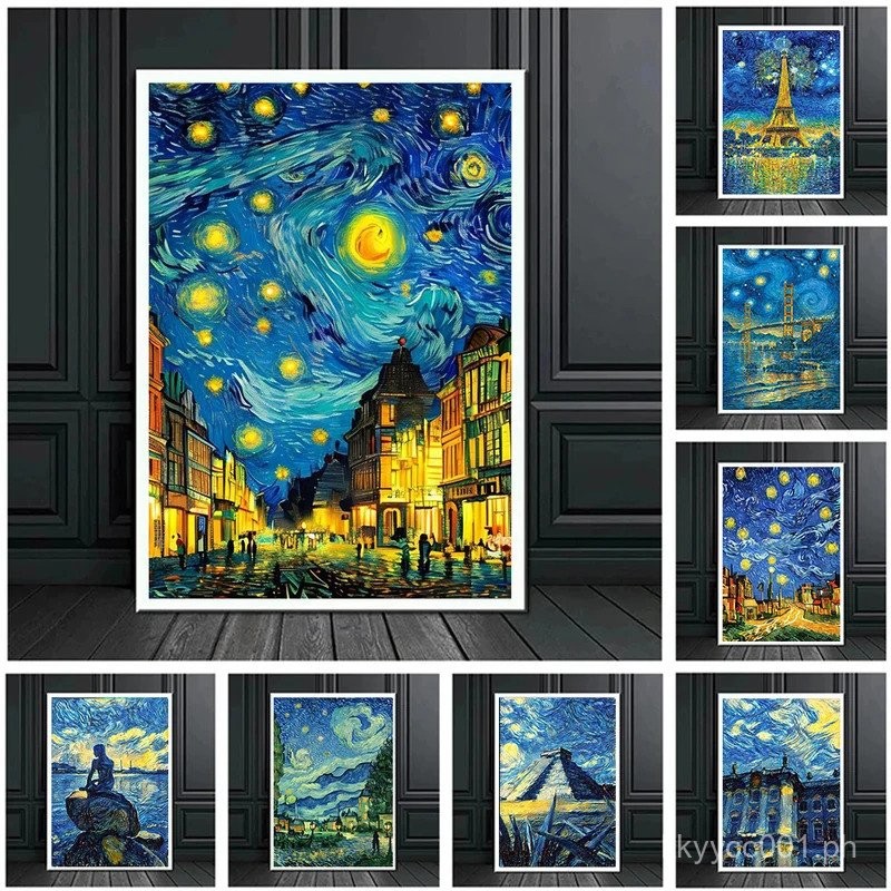 Abstract Van Gogh Night Landscape Canvas Painting Wall Art Famous ...