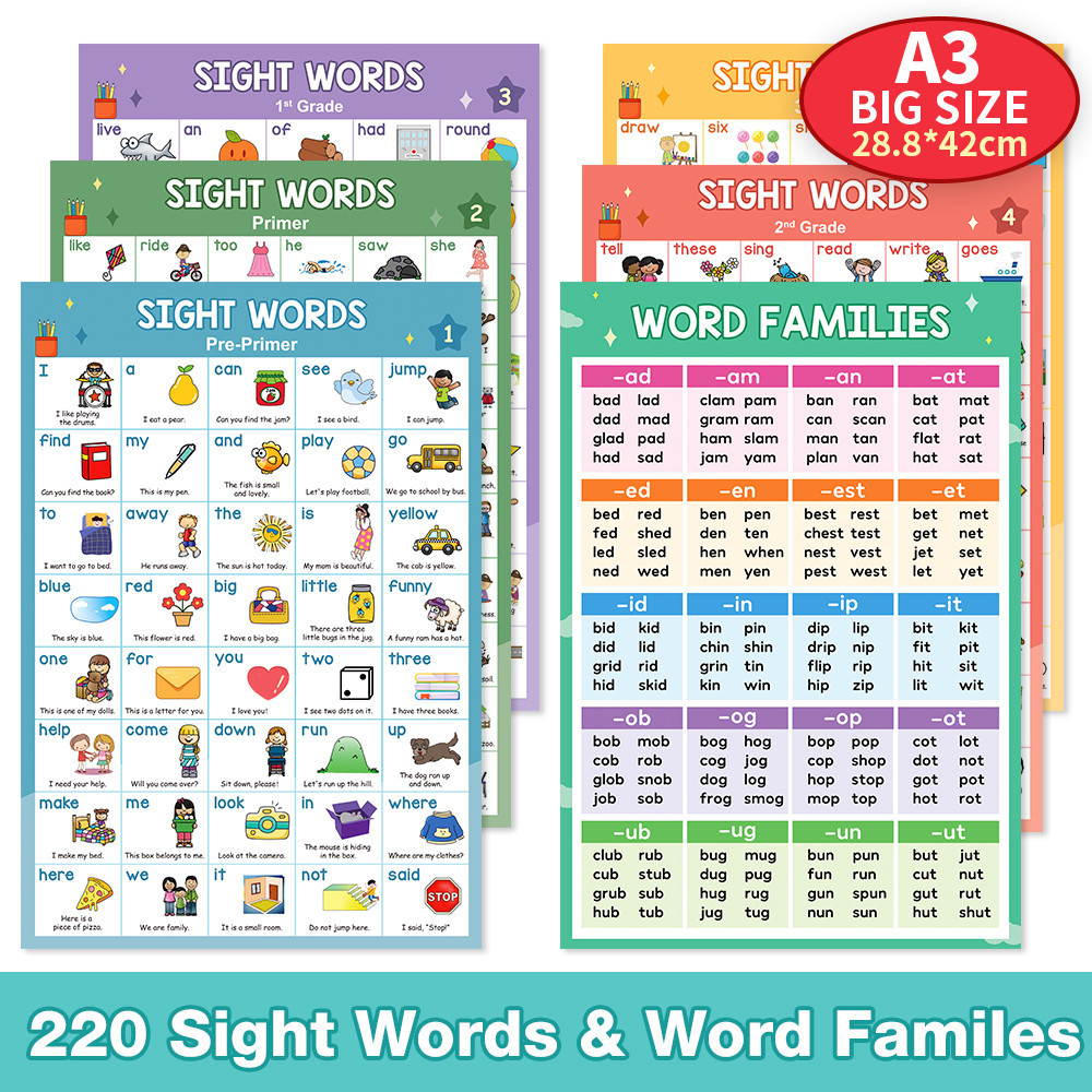 6Pcs 220 Sight Words English Posters for Kids Children Cartoon Picture ...
