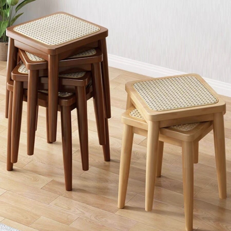 Solid Wood Stool Rattan Style Household Stool Stackable Living Room ...