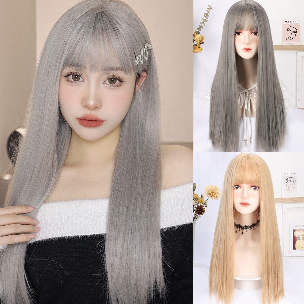 Wig Female Long Hair Full Head Hair Grey Wig Everyday Air Bangs Cos ...