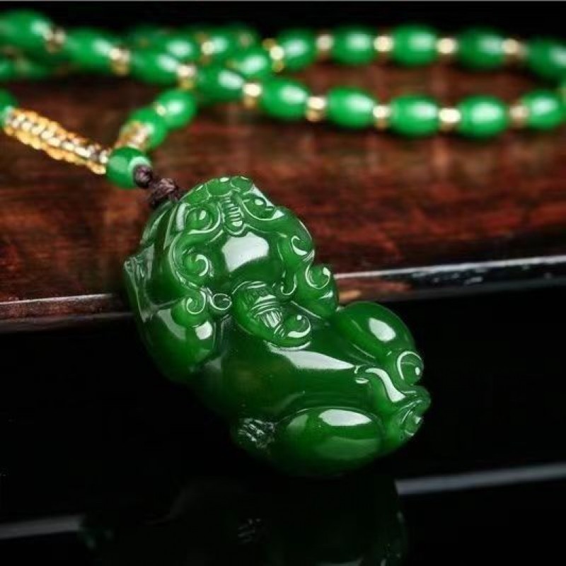 BGLY Green Pixiu Stone Necklace Fengsui Pixiu Necklace Piyao Jade Stone ...