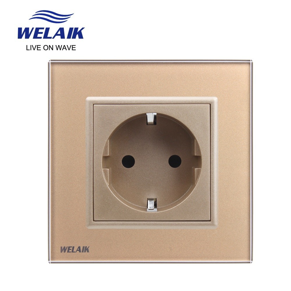 RR+`WELAIK EU 16A Crystal Glass Panel Wall Socket 80*80mm Gold Standard ...
