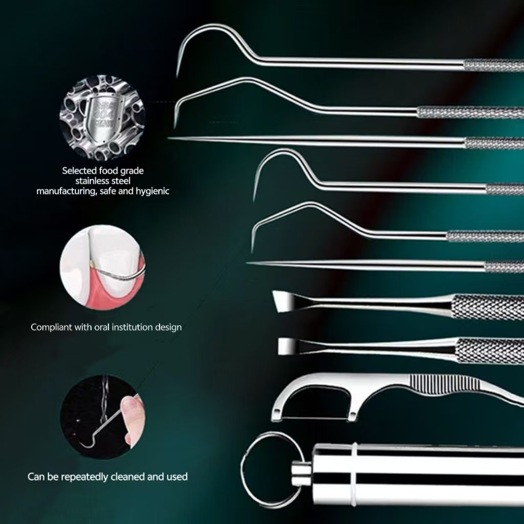 304 Stainless Steel Dental Pick & Floss Set, Oral Cleaning Tools ...