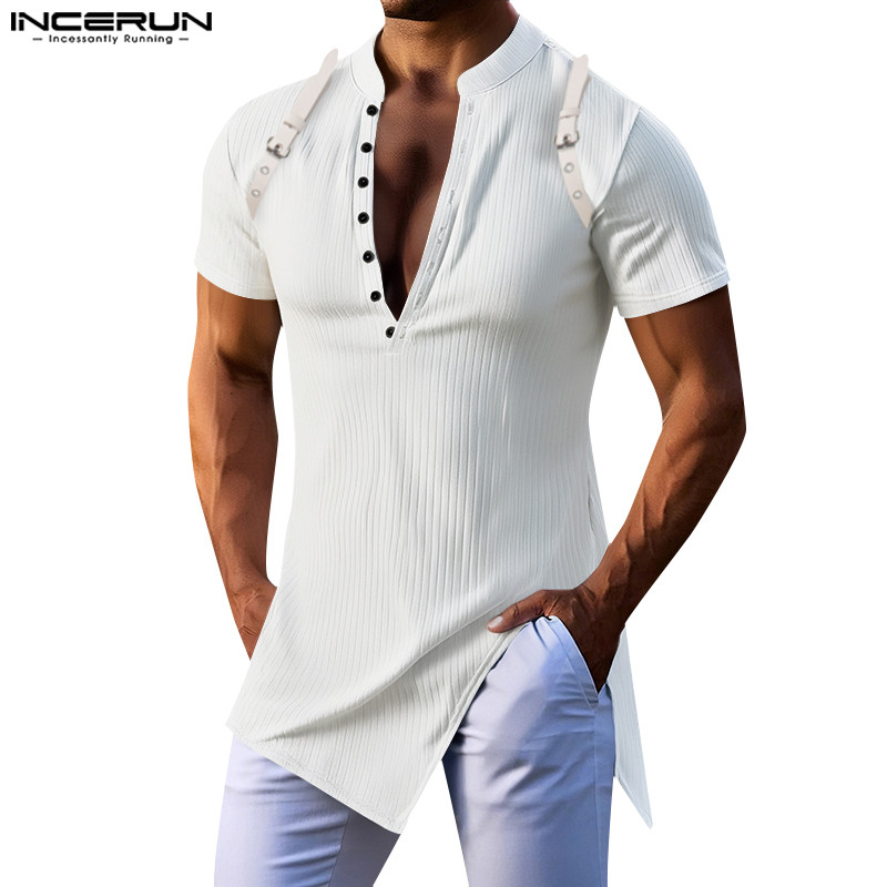 INCERUN Men Vintage Minimalist Belt BuckleSplicing Irregular Hem T ...