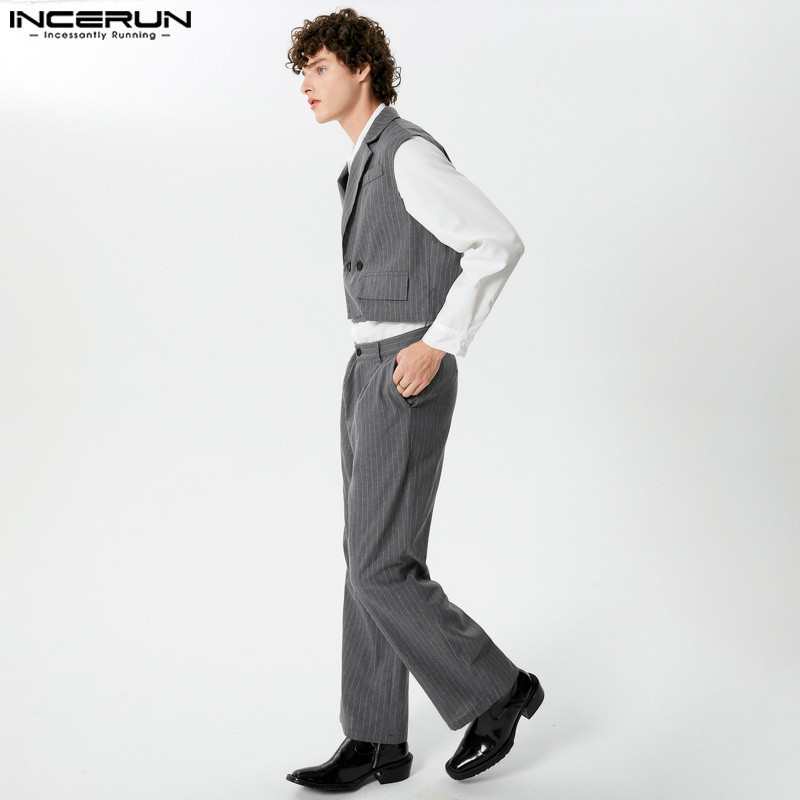 INCERUN Men's Slim Fit Short Striped Vest+Long Pants Casual Set ...