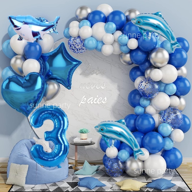Ocean Theme Sea Animal Balloons Garland Arch Kit Blue Number Baby Shark ...