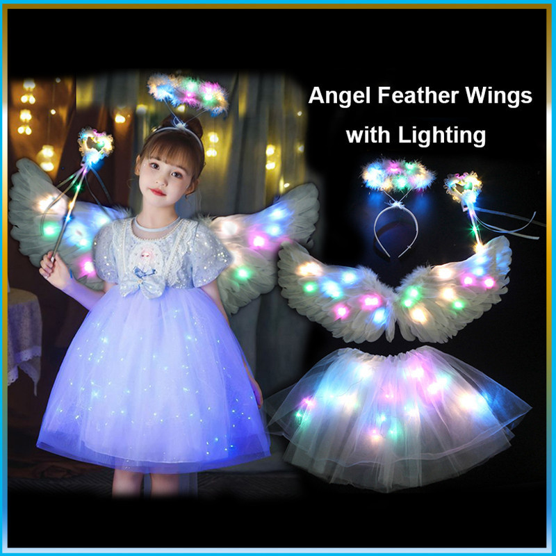 LED Light Angel Wings for Kids Girl with Angel Halo Fairy Wand Lighting ...