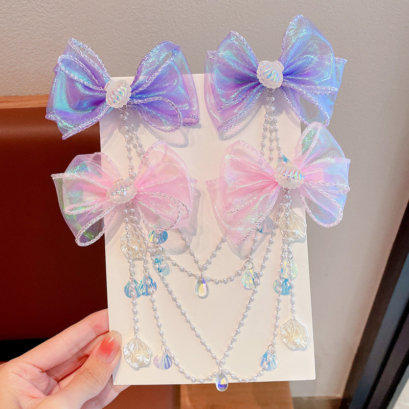 Children's Mermaid Shell Hair Clip Super Fairy Bow Girl Tassel Forehead ...