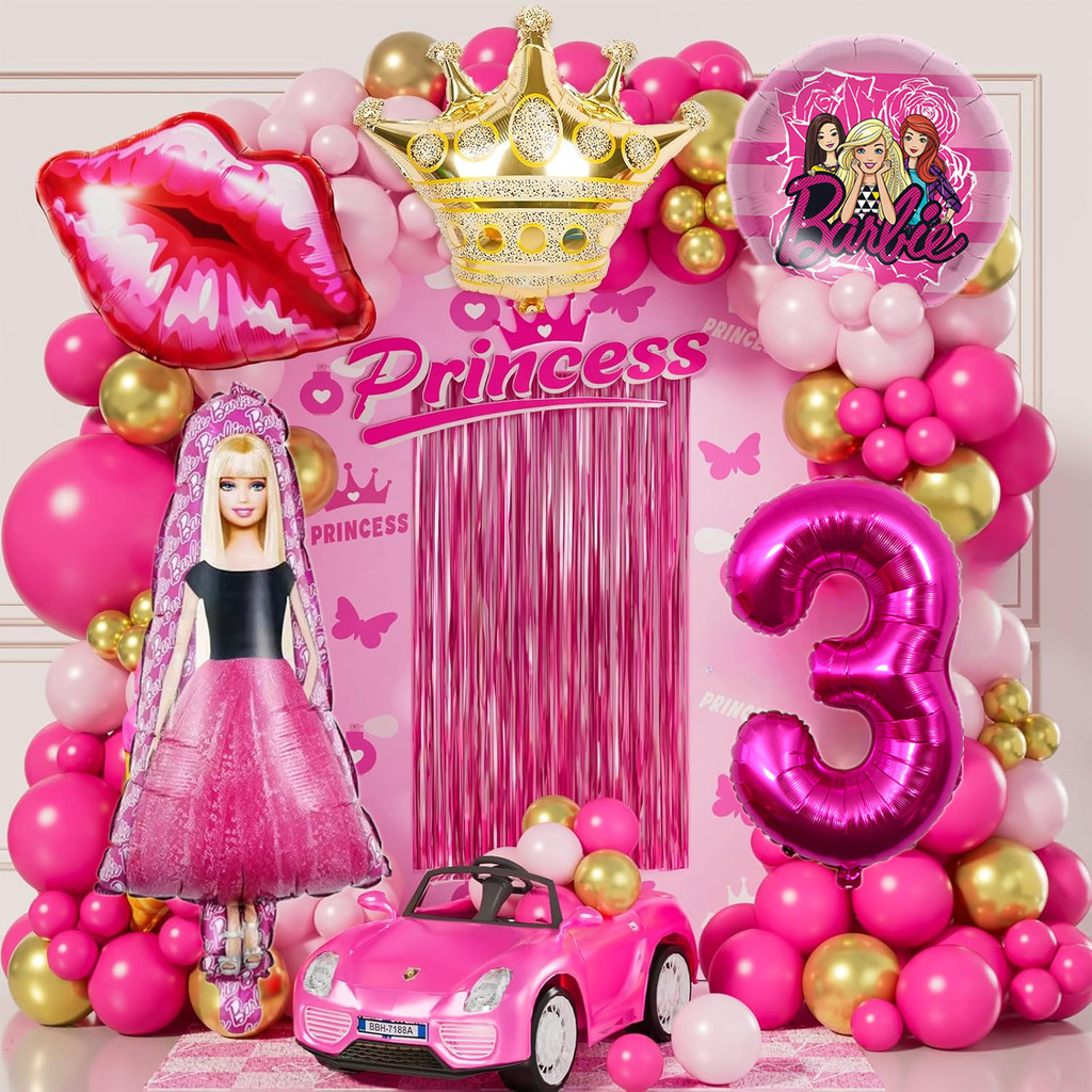 84pcs Barbie Theme Party Balloon Hot Pink Golden Balloon Set with ...