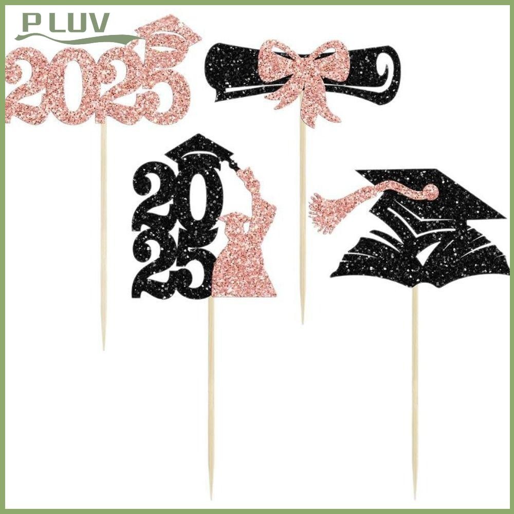 PLUVII 24Pcs 2025 Graduation Cake Toppers, Pink and Gold Glitter ...