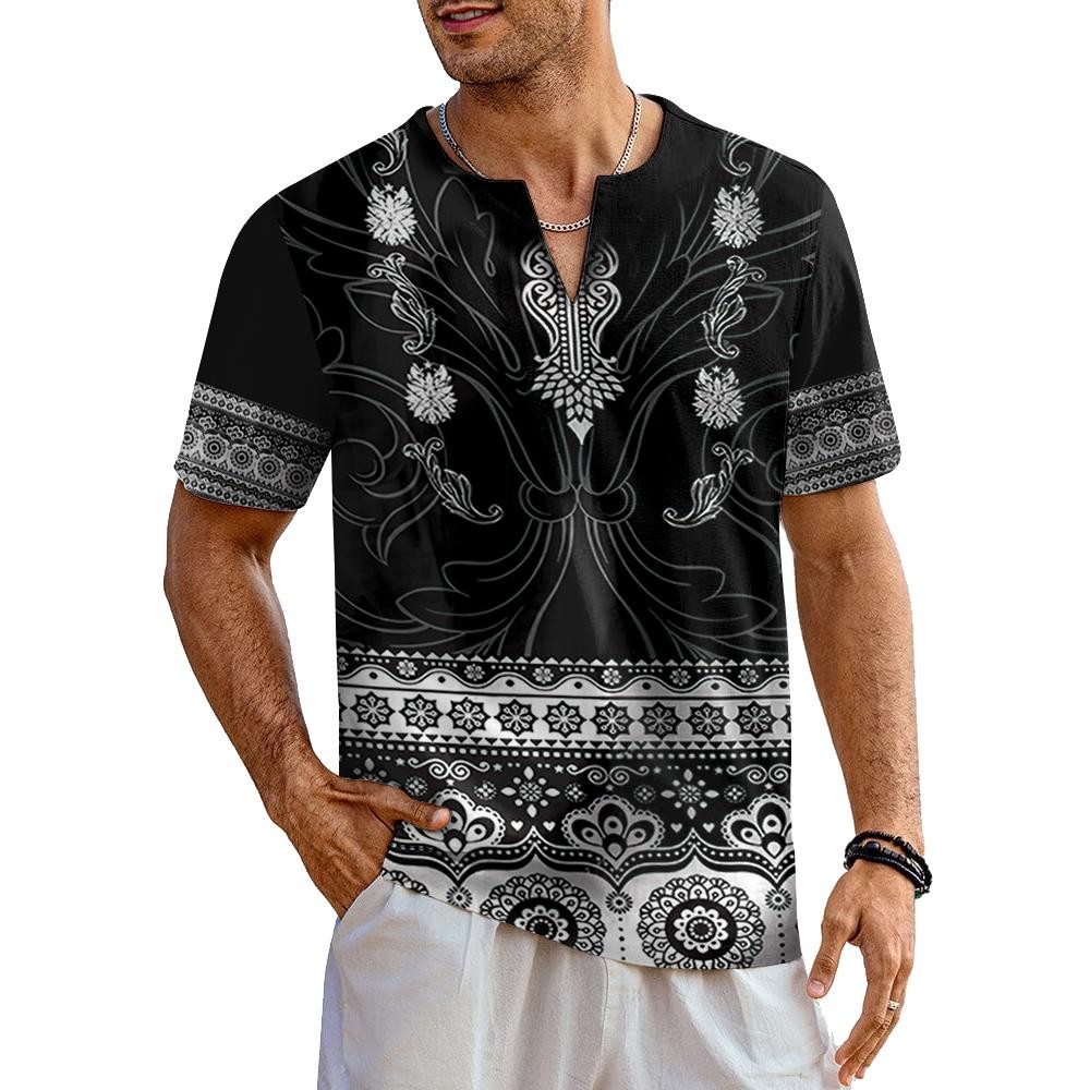 2025 summer men's retro balong T-shirt, casual V-neck short-sleeved ...