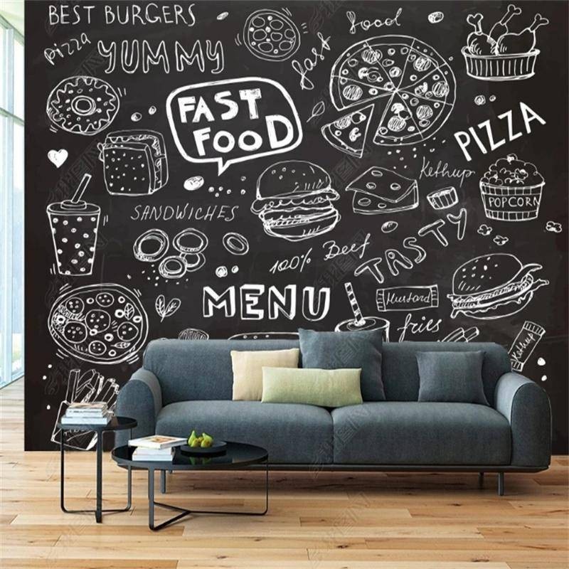 Custom Fast Food Hamburg Pizza Graffiti Blackboard Wallpaper for Snack ...