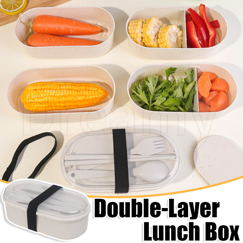 Portable Double Layered Lunch Box Set - with Cutlery - Leakproof, Large ...