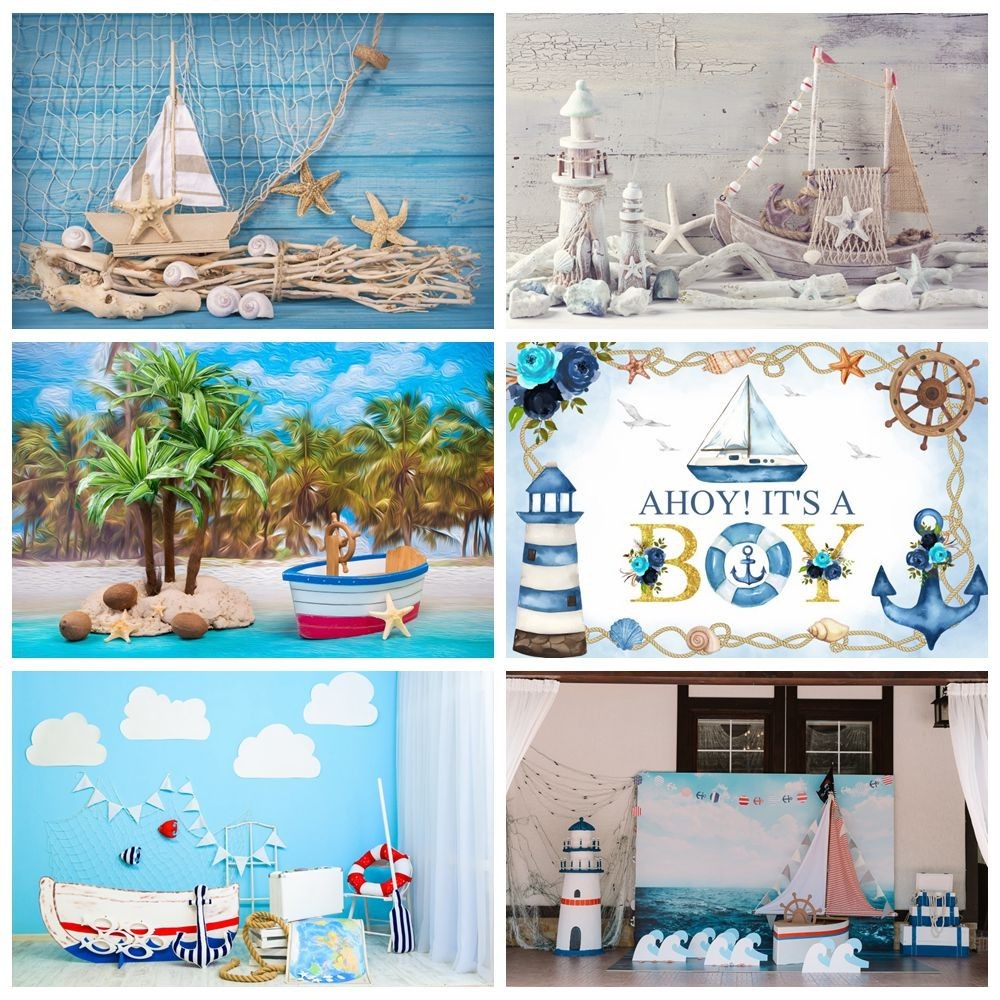 Backdrop Sailing Boat Fishing Net Lighthouse Starfish Baby Shower ...