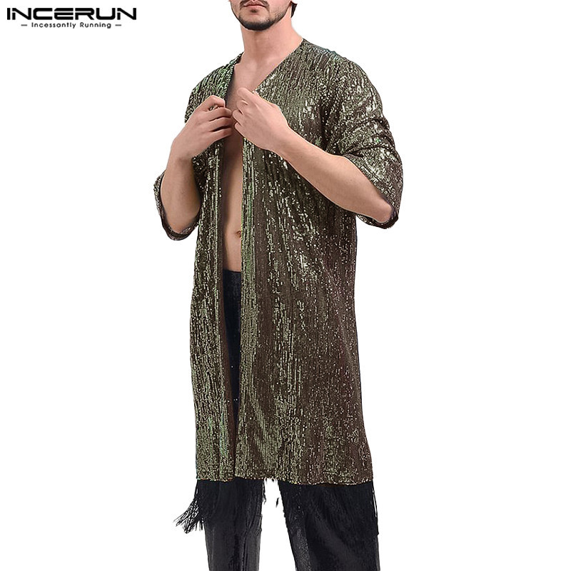 Incerun Men Vintage Fashion See Through Glitter Splicing Fringe Seven Quarter Sleeve Kimonos