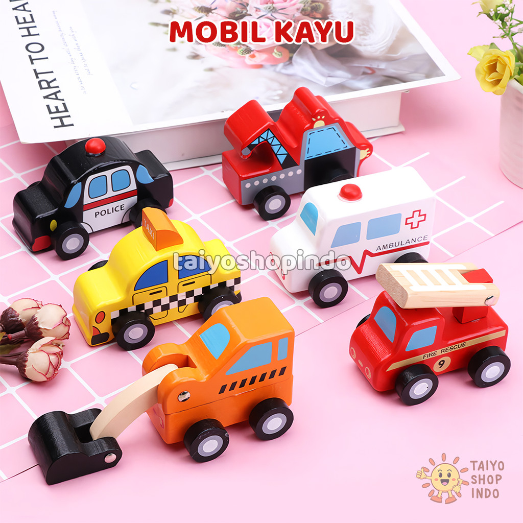 TAIYO Wooden Car Miniature Toy Taxi Police Firefighter Towing Excavator ...