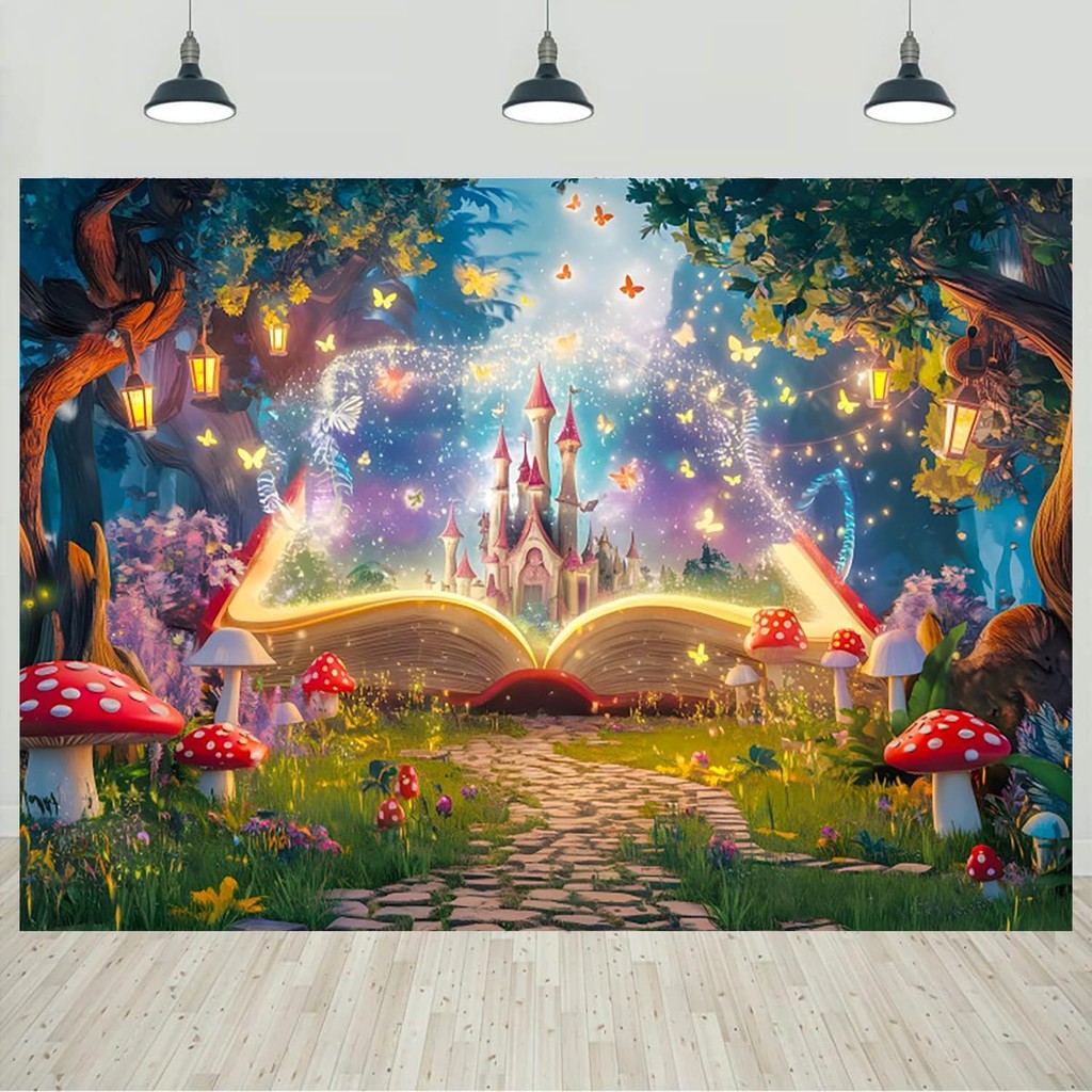 Spring Enchanted Forest Backdrop Fairy Tale Books Pink Castle ...