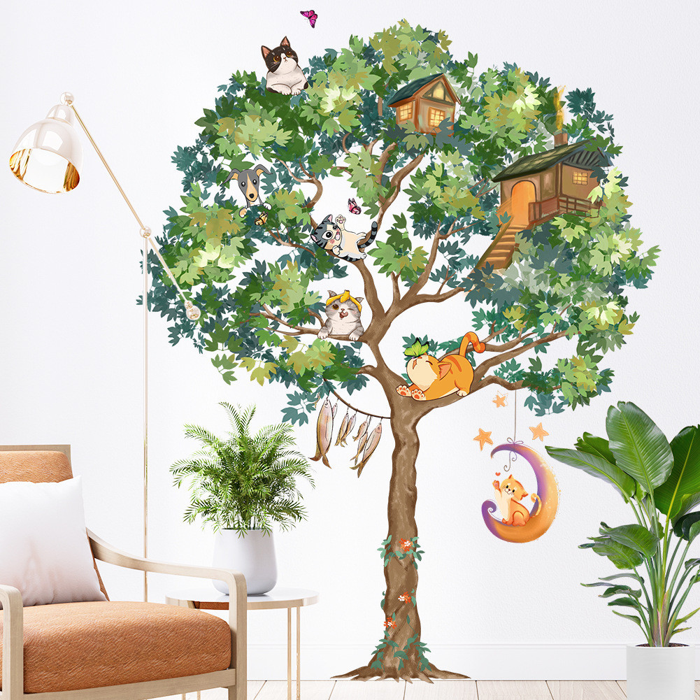 Wall Stickers Cute Cat Plant Big Tree Wall Stickers Children's Room ...