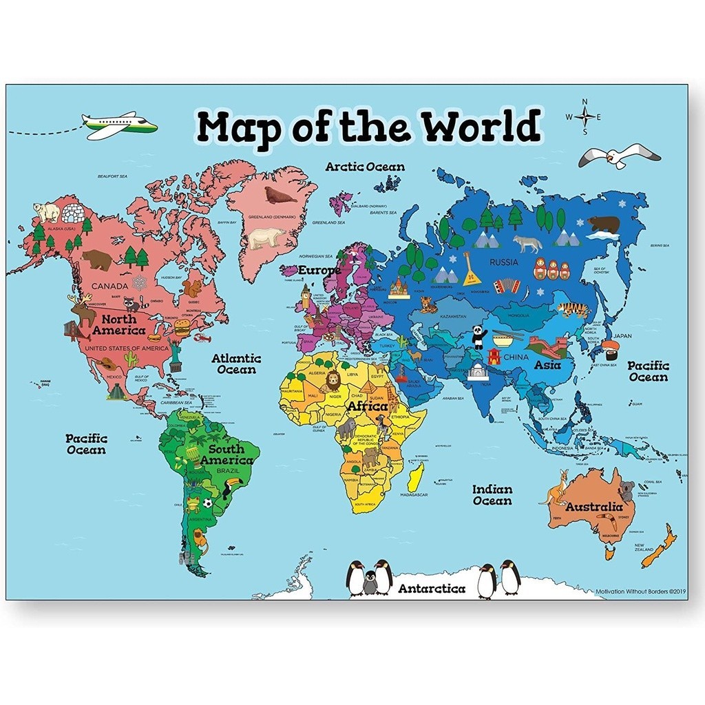 World Children's Map Layered Durable Poster HW National Capital Picture ...