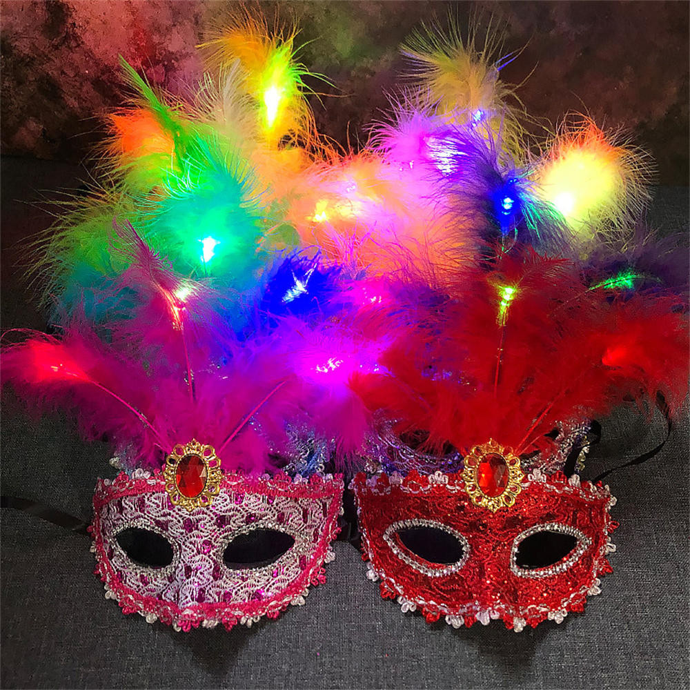 Light Up Mask Women LED Party Mask Masquerade Feathers Half Face Mask ...