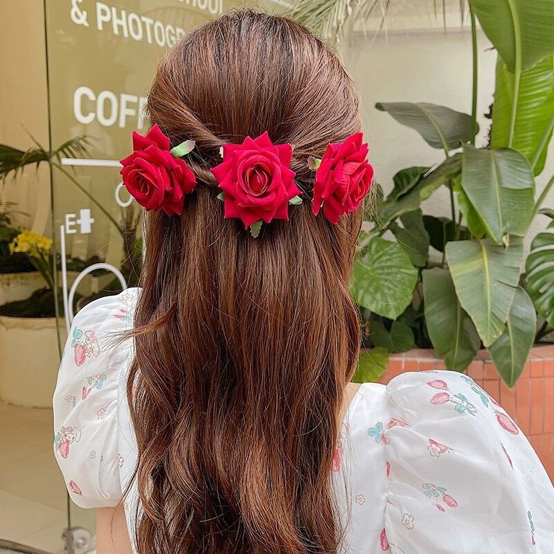 Vintage Red Rose Flower Bangs Clips Hairpin Fashion Accessory for Sweet ...