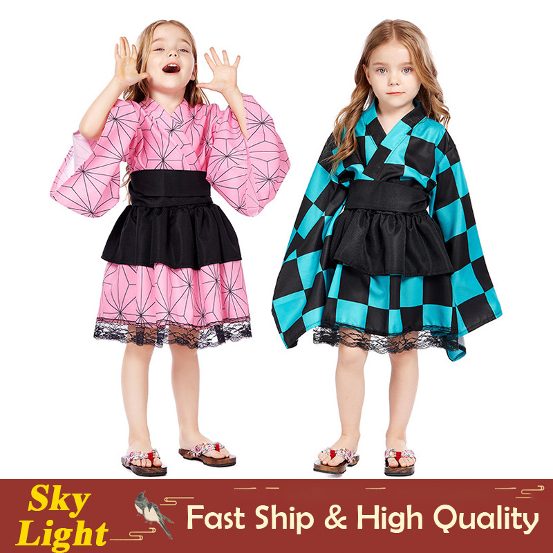 2colors Anime Demon Slayer Kimono Outwear For Kids Girl Kimetsu no ...