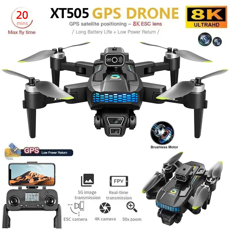 New XT505 GPS Drone with 8K Professional HD Dual Camera 360° Obstacle Avoidance Brushless Motor ...