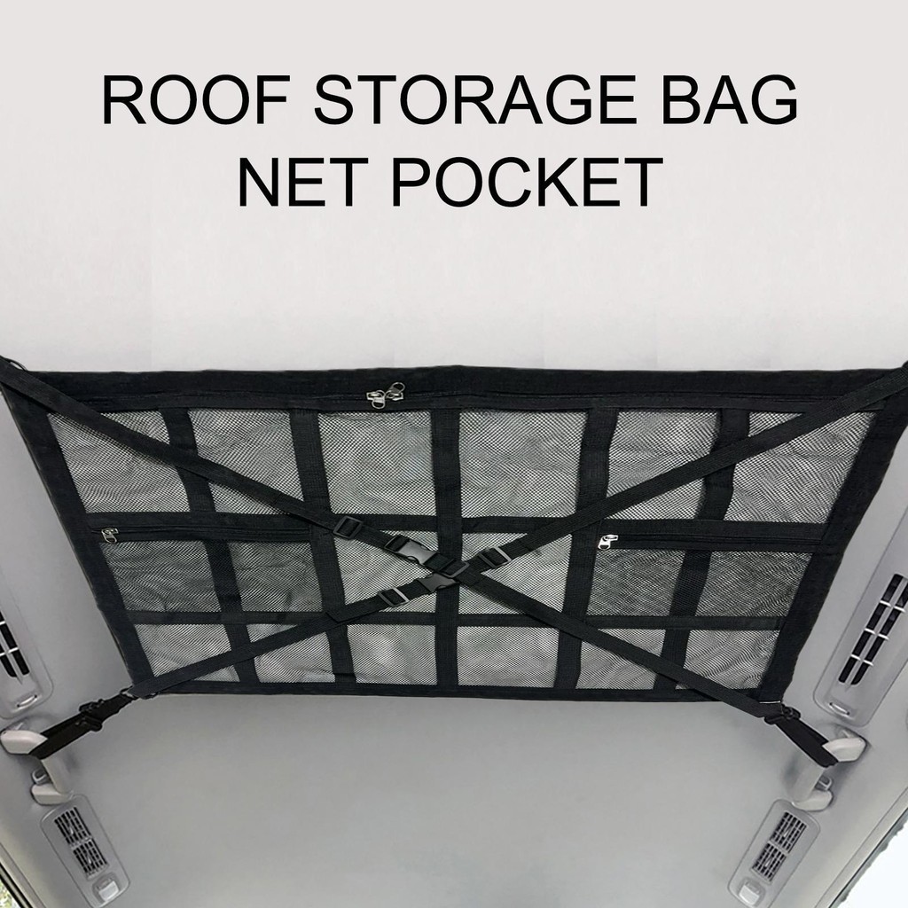 Car Roof Storage Net Bag Adjustable Double-Layer Organizer With Zip ...