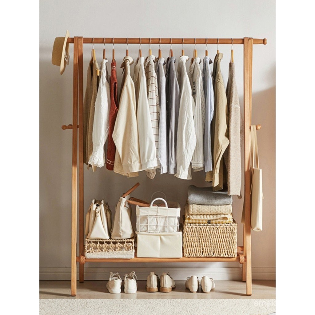 Solid Wood Coat Rack Bedroom Floor-standing Clothes Rack Hanging Rod ...