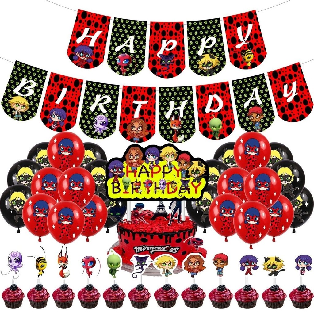 Ladybug Reddy girl pulling flag balloon theme birthday party Ladybug ...