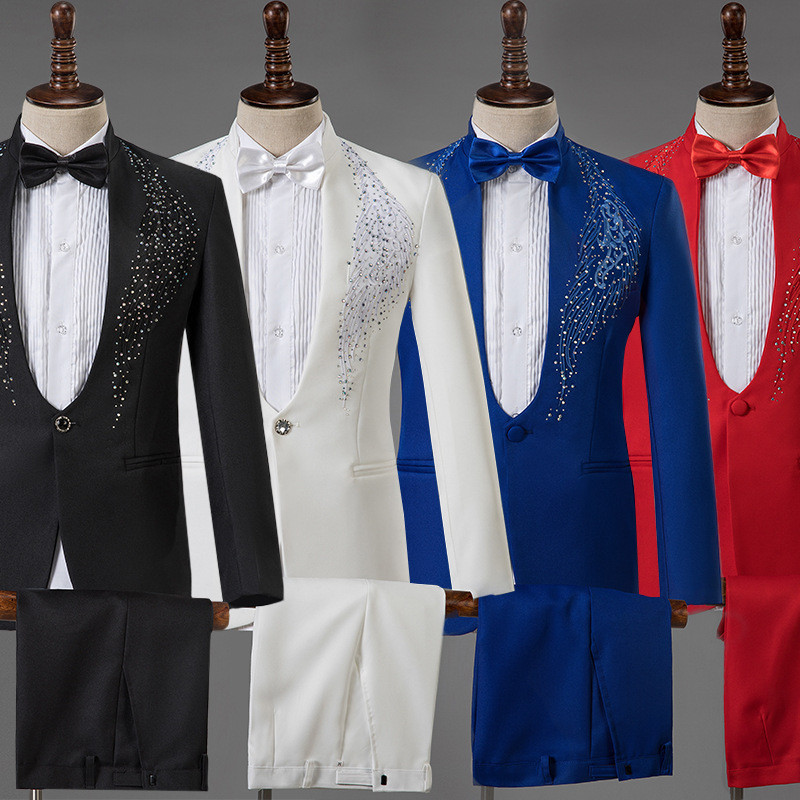 Suit Men's Suit Costume Embroidered Sequin Suit Stand-Up Collar Host ...