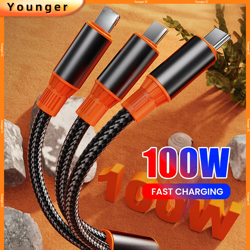 100W Nylon Weaving Charger Cord 3 In 2 Fast Charging Cable 3 In 1 Zinc ...